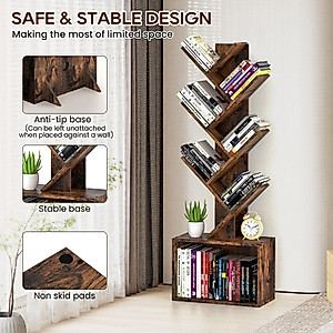 ART-GIFTREE 6 Tier Tree Bookshelf, Sturdy Retro Floor Standing Wood Bookcase, Storage Rack for Home Office, Living Room, Bedroom, Reading Spot, Heavy Book Organizer Shelves for CDs/DVDs/Movies
