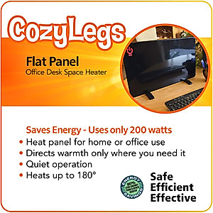 Cozy Products New and Improved Cozy Legs, Flat Panel Space Heater for Home and Office, Portable Heater with Built-in Thermostat, 200-watt, Energy-Efficient, 19" x 13" x 5/8", 5 lbs., Black