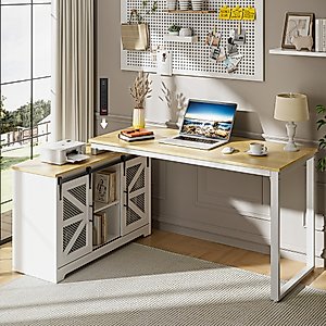 DOMICON Rustic Corner Desk with Storage, L Shaped Farmhouse Office Desk with Sufficient Storage Capacity, Built-in Power Socket and Barn Door Design
