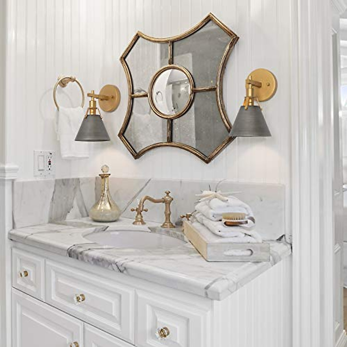 KSANA Gold Wall Sconces Lighting Fixture, Modern Vintage Wall Mounted Lamp 1-Light for Bedroom, Bathroom, Living Room, Antique Brass and Black Silver Finish