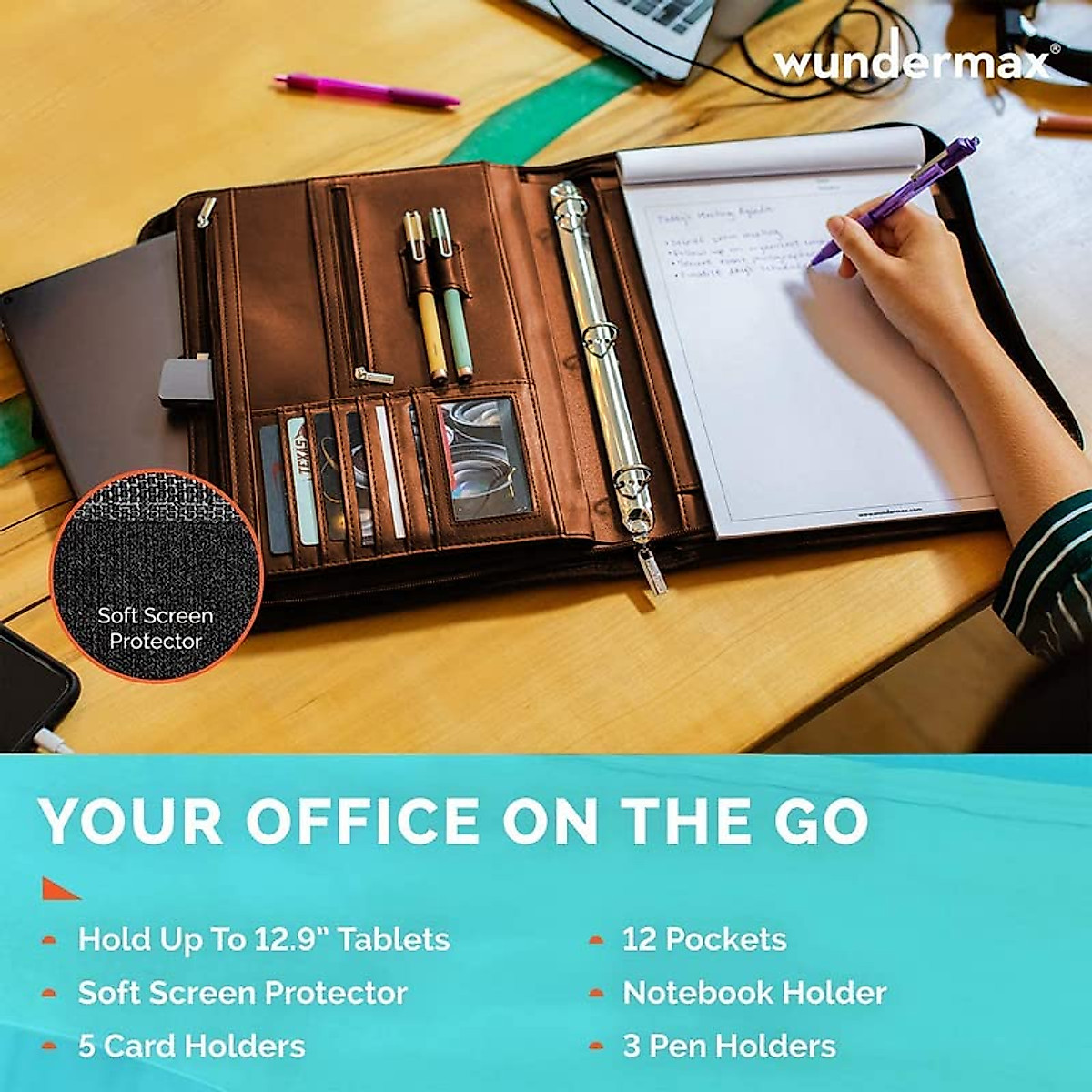Wundermax 13x10.7x1.9in Vegan Leather Padfolio for Men/Women with Handle, Zipper, Notepad, Detachable Binder, Tablet Pocket - Brown