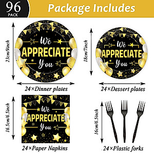 96Pcs We Appreciate You Party Plates and Napkins for Employee Staff Appreciation Black Gold Party Supplies Work Anniversary Themed Plate Thank You Tableware Set for Teacher 24 Guests Party Decorations