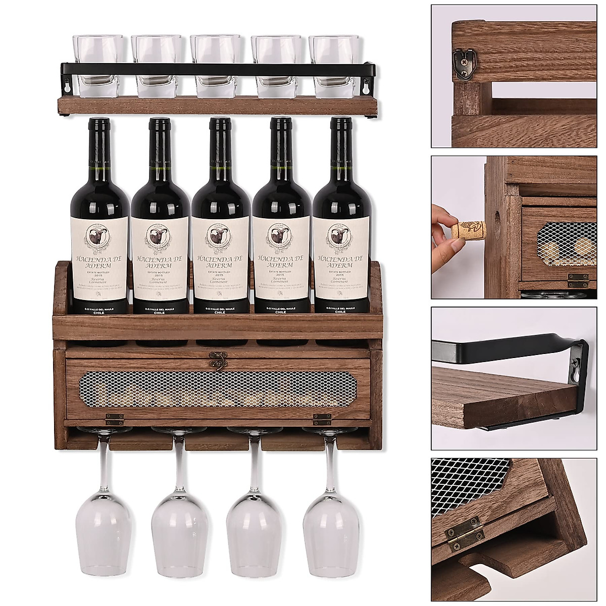 TRSPCWR Wall Mounted Wine Rack and Shelf Set of 2, Wood Rustic Floating Shelf, Wine Bottles & Glasses Holder with Cork Storage Store, Wine Decor and Storage Holder for Kitchen Dining Room Bar
