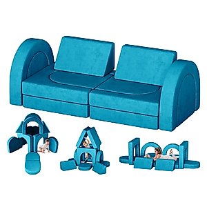 Kids Couch, 12PCS Modular Toddler Couch with 4 Arches and 2 Triangular Cushions, Fold Out Kids Couch for Playroom, Bedroom, Modular Kids Couch for Boys and Girls, Kids Play Couch for Kids (Blue)