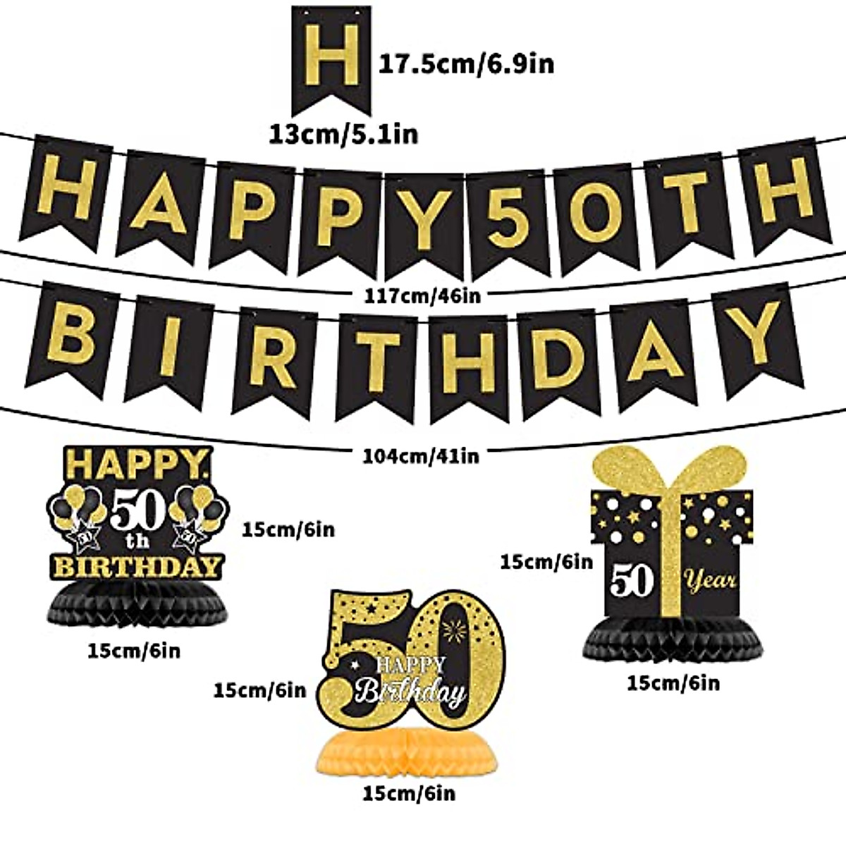 50th Glitter Black Gold Birthday Banner Party Decorations, Happy 50th Birthday Decorations Hanging Swirls Banner Honeycomb Centerpieces for Men Women Happy 50 Years Old Bday Party