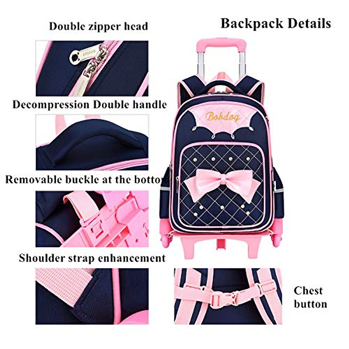 Cute Print Bowknot Trolley Backpack Elementary Middle School Rolling Bag Wheeled BookBag for Kids Girls
