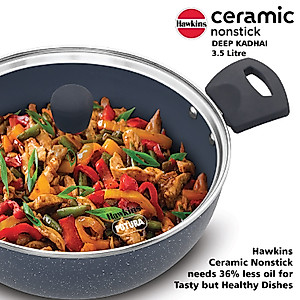 HAWKINS Ceramic Nonstick 3.5 Litre Deep Kadhai, Induction Deep Fry Pan with Glass Lid, Granite Kadai (ICK35G)