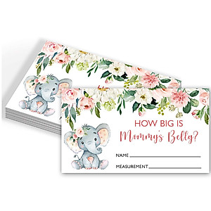 Yuzioey How Big is Mommy's Belly Elephant Baby Shower Game, Pink Floral Elephant Baby Shower Game, 50 Cards & Matching Sign & 3 Measuring Tapes