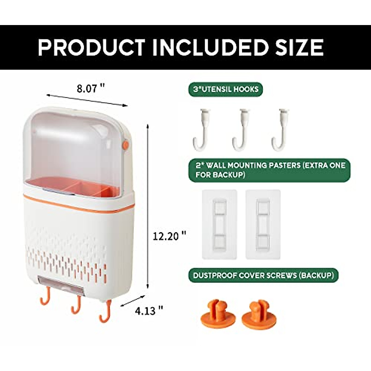 toooi Kitchen Utensil Holder, Wall Mount Utensil Rack, Detachable Multi-use Organizer with Dustproof Cover, Cookware Cutlery Holder, Suitable for Kitchen, Bathroom, Garage and More, White & Orange…