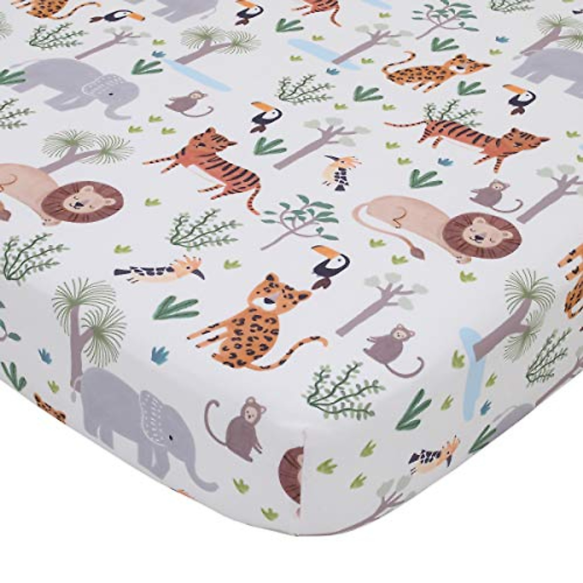 NOJO Growing Wild Grey, Orange, Green and White 8 Piece Jungle Safari Crib Bedding Set with Comforter, 2 Fitted Crib Sheets, Dust Ruffle, Diaper Stacker, Decorative Pillow, Baby Blanket