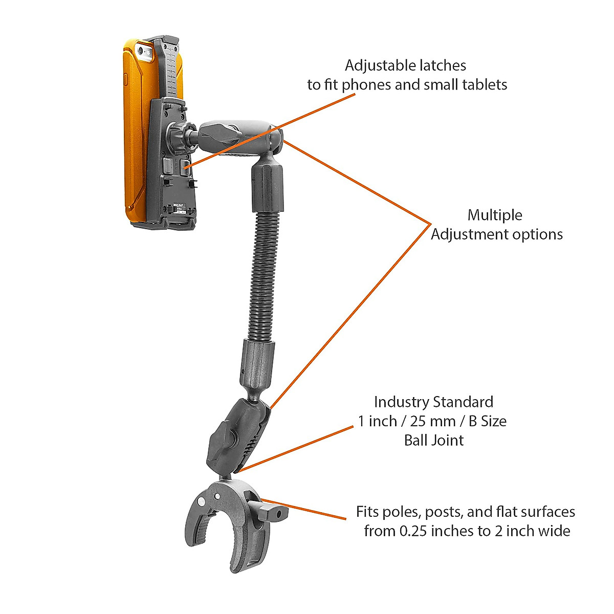 iBOLT sPro2 Accessibility Post/Pole/Rail/Handlebar Clamp Mount for Wheelchairs/Exercise Equipment. Fits Devices from 4.7 to 6.7 inches Wide/Tall (iPhone 11, Small Tablets, Nintendo Switch)