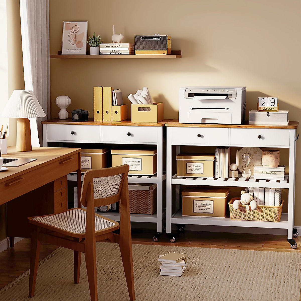 Gizoon Kitchen Island Cart on Wheels with 40'' Wood Tabletop, 2 Open Tiers Spacious Storage Shelves and Towel Rack, Rolling Utility Cart with 3 Side Hooks and 2 Drawer for Dining Room, Bar, White