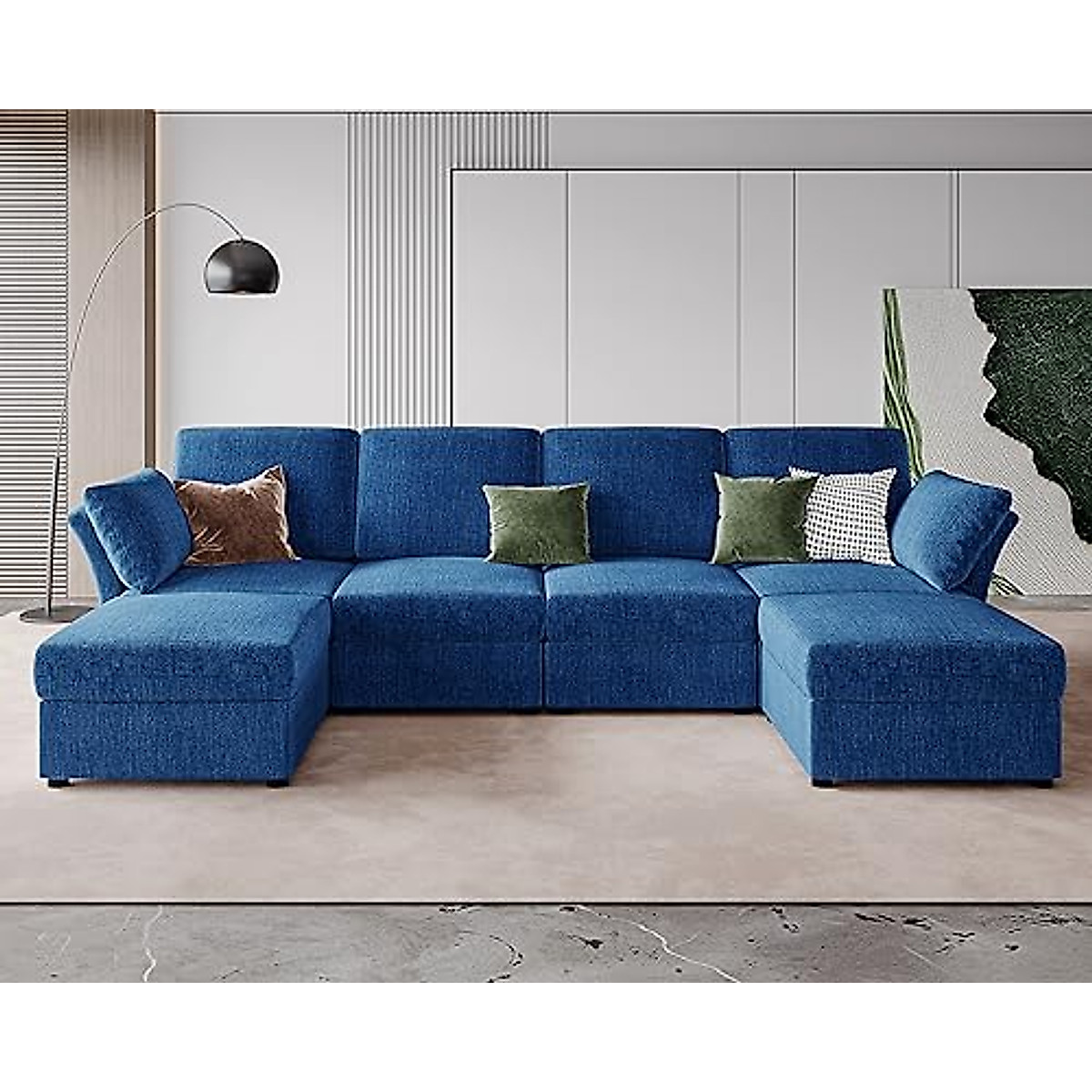 Amerlife Sectional Sofa, Convertible Sofa- Modular Sectional Sofa, 6 Seats U Shaped sectional with Ottomans, Reversible Sofa Couch for Living Room, Blue Linen