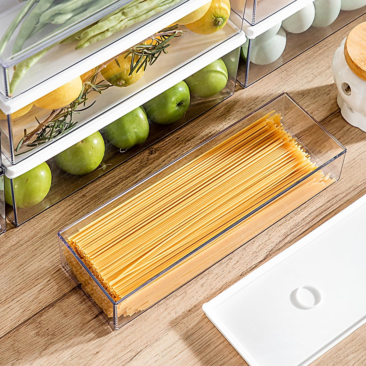 DEAHEZEN Storage Bins for Pantry and Fridge with Lid Organizers and Storage Cabinet, Kitchen, Countertops, Cupboard, Freezer Organization (White, Middle)