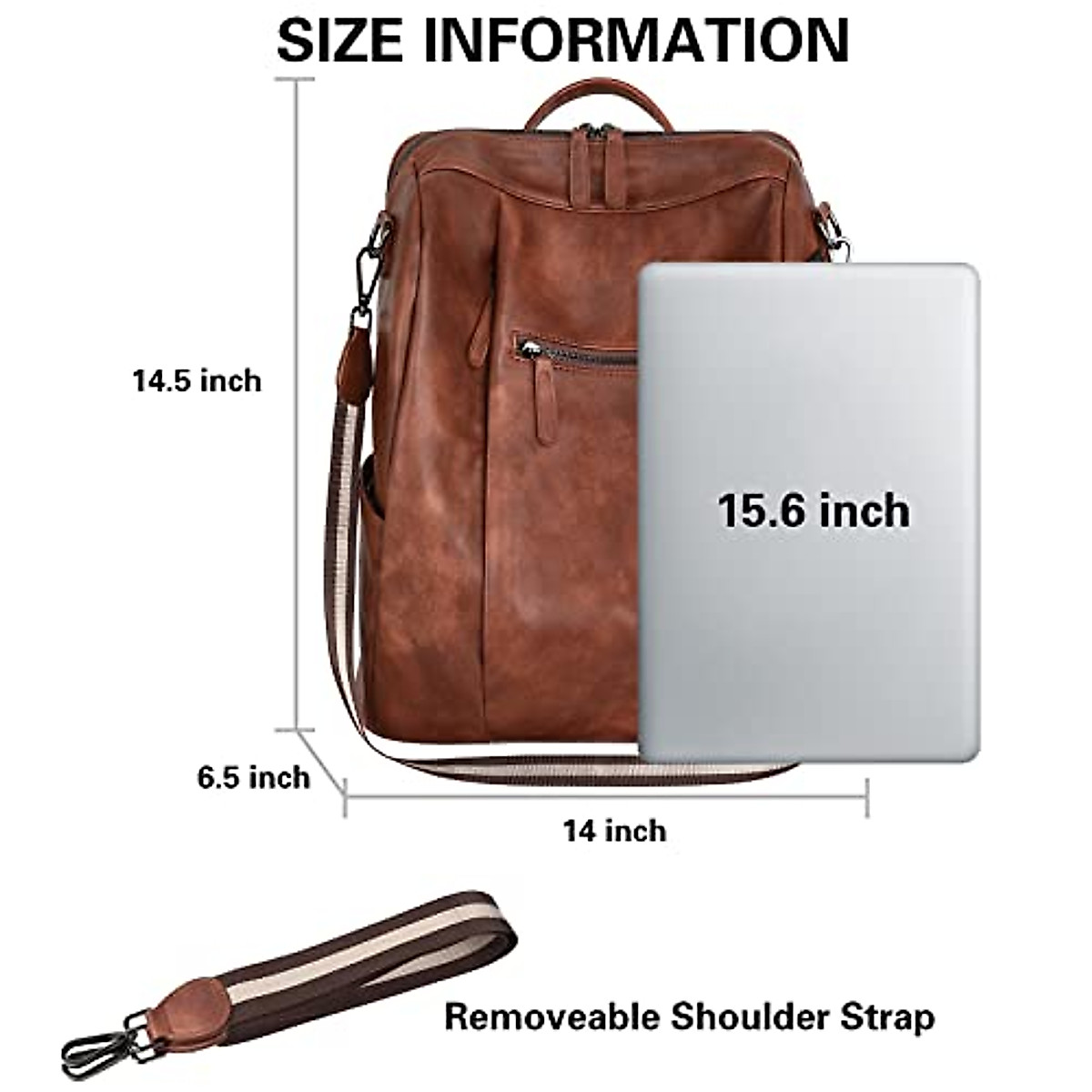 Backpack Purse for Women, Large Shoulder Bags with USB Charging Port fit 15.6 inch laptop, Waterproof PU Leather Casual Women Handbag, Anti-Theft Bookbag Purse for Work Office Travel College School