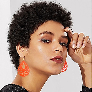 MALOYANVE Bohemian Wood Earrings for Women Handmade Natural Retro Lightweight Teardrop Geometric Hollow Wooden African Dangle Drop Geometric Statement Earrings Boho Vintage Ethnic (Orange)