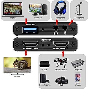 Wiistar USB Video Capture Card 1080P60FPS HDMI to USB 3.0 Audio Video Capture Device with 3.5mm Audio Out and MIC Support HDMI Loopout Game Recorder for PS4 Live Streaming