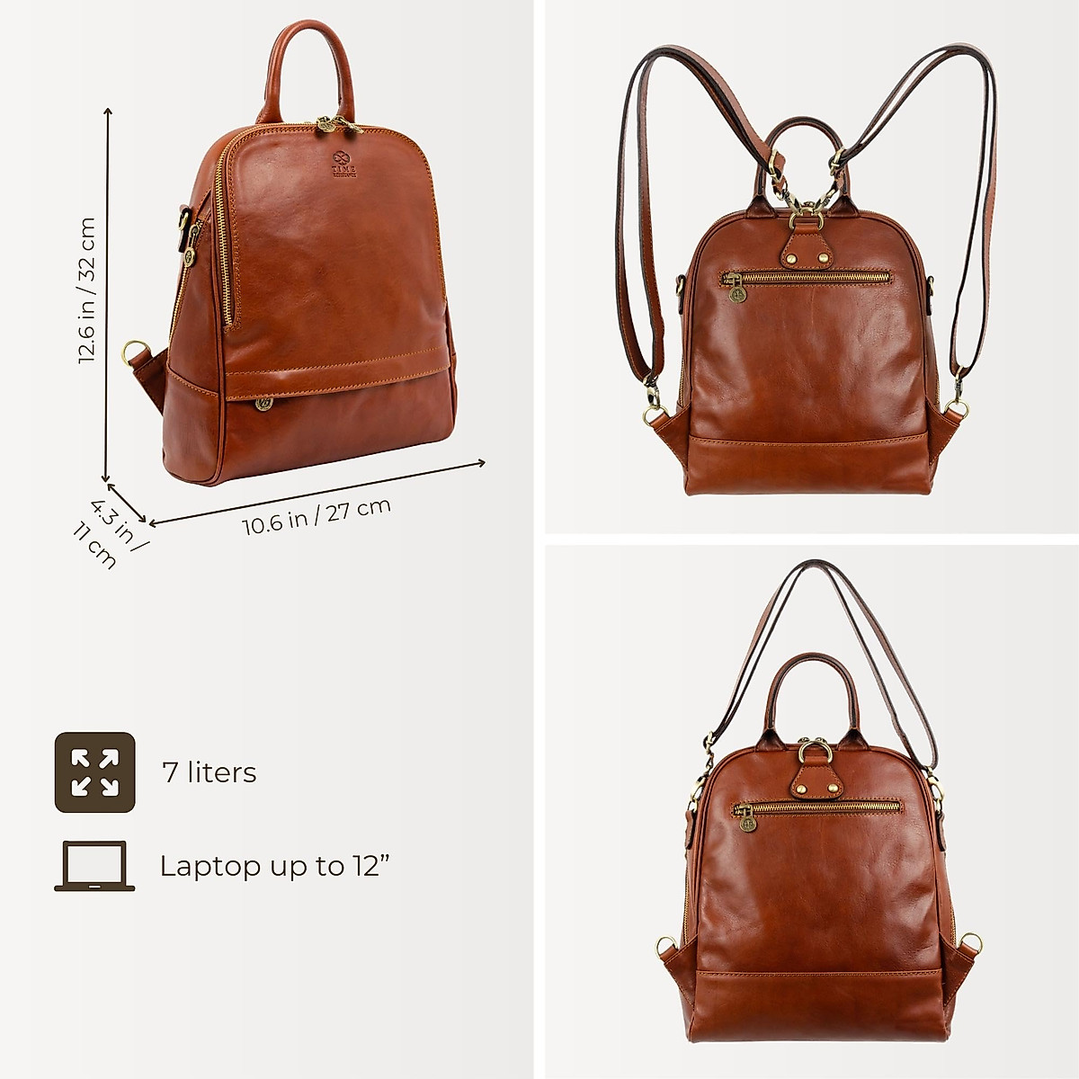 Time Resistance Leather Backpack Convertible to Shoulder Bag Full Grain Real Leather Travel Versatile Bag (Cognac)