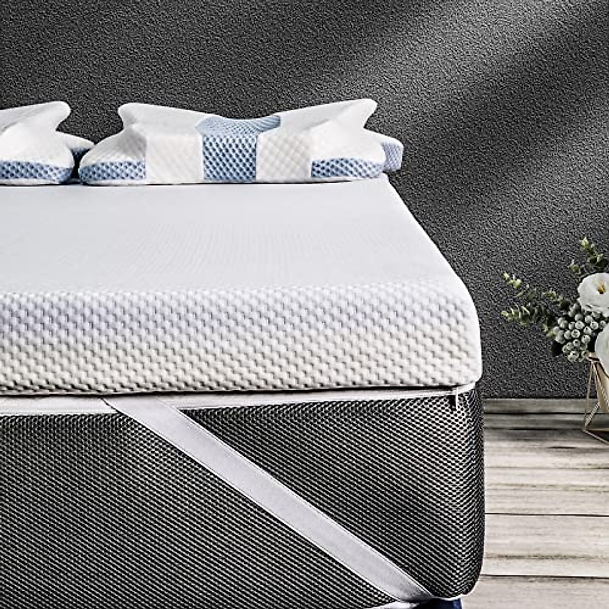3 Inch Memory Foam Mattress Topper Queen, Gel-Infused Bed Topper for Back Pain Pressure Relief, Soft and Firm Dual Layer Design with Removable Washable Cover & Adjustable Straps