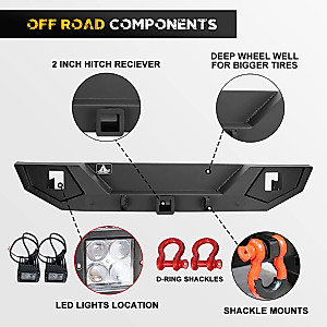 Rear Bumper Compatible for Jeep 2007-2018 Wrangler JK & JKU Unlimited (2/4 Doors),HAWKLEY Rock Crawler Offroad Back Bumper with Hitch Receiver & 2x LED Lights & 2x D-Rings