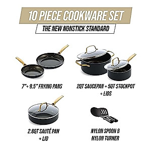 Blue Diamond Gold 10 Piece Cookware Set,Ceramic Nonstick, PFAS Free, PFOA Free, Induction Suitable, Dishwasher Safe, Gold Handle, Black