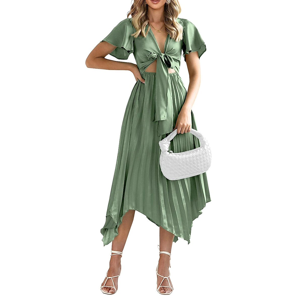 PRETTYGARDEN Women's 2023 Satin Summer Dress Short Sleeve V Neck Tie Front Cutout Pleated A Line Midi Dresses (Light Green,Medium)