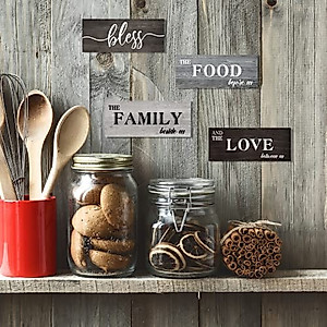 Creoate 4 Pieces Bless Food Family Love Signs for Kitchen Wall Decor Plaque, Home Farmhouse Rustic Decor, Wood Wall Hanging Decorations for Dining Room Kitchen, Christmas Gift for Home, Small (4 x 10 IN X4)