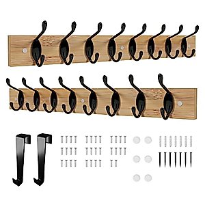 Chez Pao Coat Rack Wall Mount (2 Pack) Bamboo Coat Hangers for Wall with 8 Hooks - Wall Mounted Coat Rack - Wall Coat Rack - Coat Hanger Wall Mount