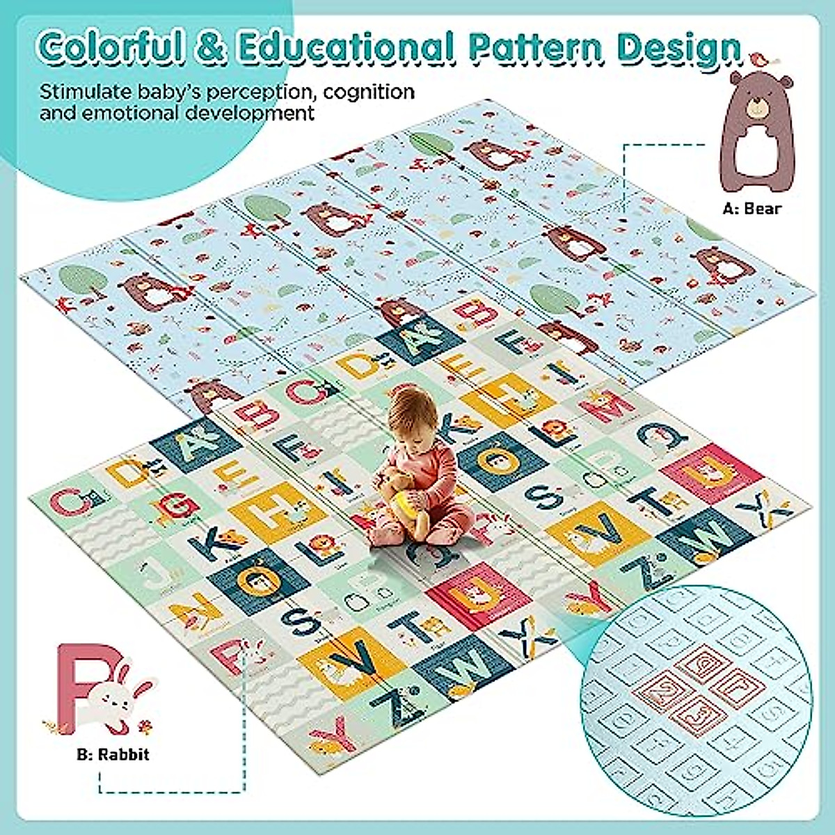 Gimars Baby Play Mat, Reversible and Foldable Baby Mat for Floor, 79 x 71 x 0.6" Extra Large Play Mat, Waterproof Foam Playmat for Babies, Infants, Toddlers, Play & Tummy Time
