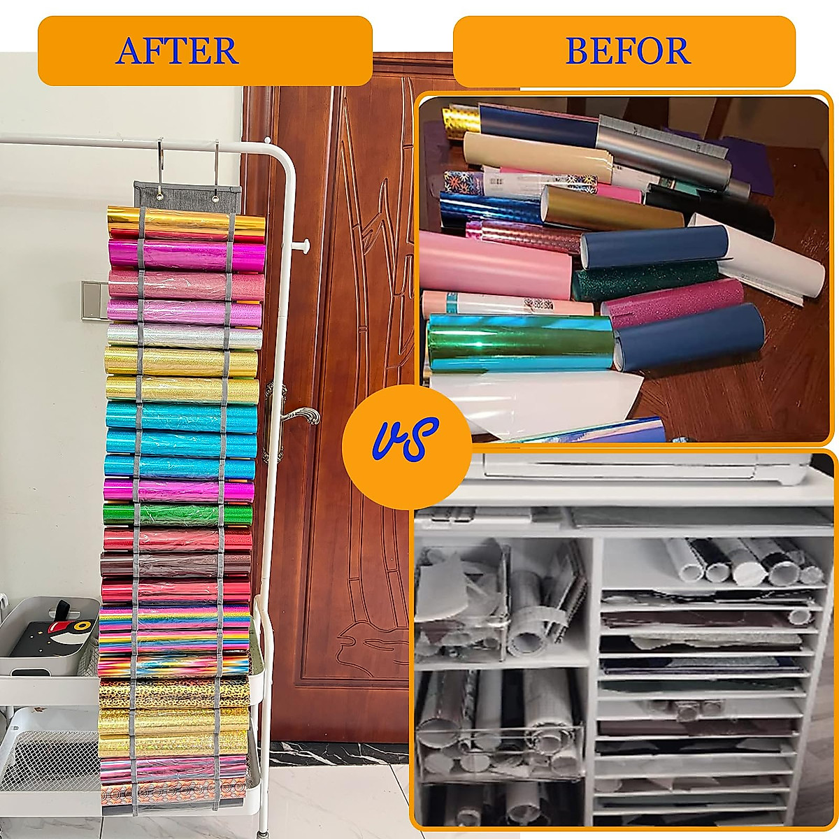 Amremsu 48 Compartments Vinyl Roll Storage, Vinyl Roll Holder Vinyl Organizer, Vinyl Storage Rack Wall Mount/Over The Door for Craft Room Organizers and Storage Lengthened（gray）