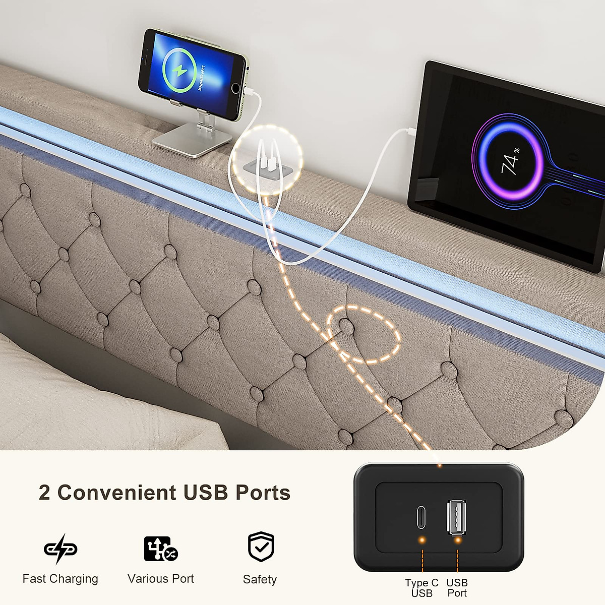 IKIFLY Upholstered Queen Size Headboard with LED Lights & 2 USB Ports - Adjustable Height - Button Tufted Linen Fabric Padded Headboard, Easy Assembly, Queen Headboard Only for Bedroom - Light Brown