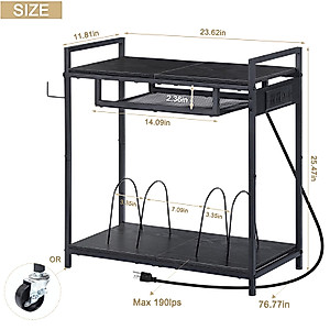 SEHERTIWY Record Player Stand with Vinyl Storage, Black Turntable Stand with Charging Station, Record Player Holder with Detachable Wheels