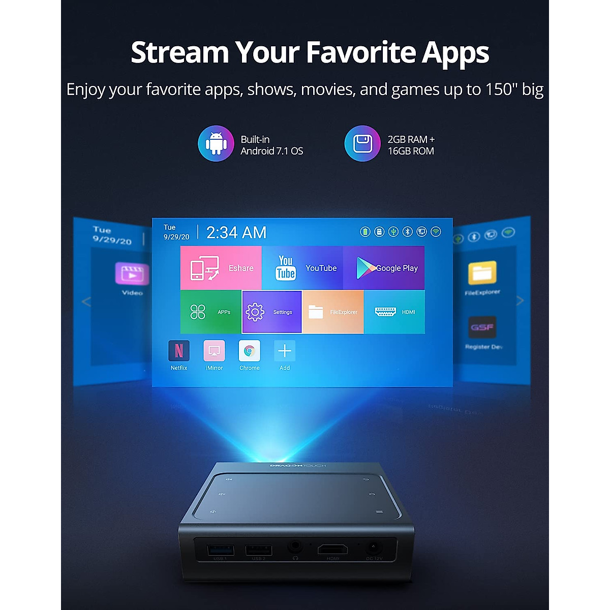 Mini Projector DLP - 5G WiFi Portable Pocket Projector with Tripod 1080P Movie Projector 150 ANSI Lumen, Built-in Android 7.1OS System