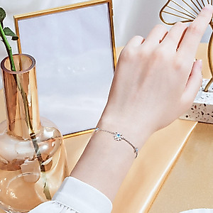 Yearace Sterling Silver Daisy Bracelets for Women, Created Moonstone Daisy Flower Bracelet Jewelry Gift, Adjustable Chain 7+2"