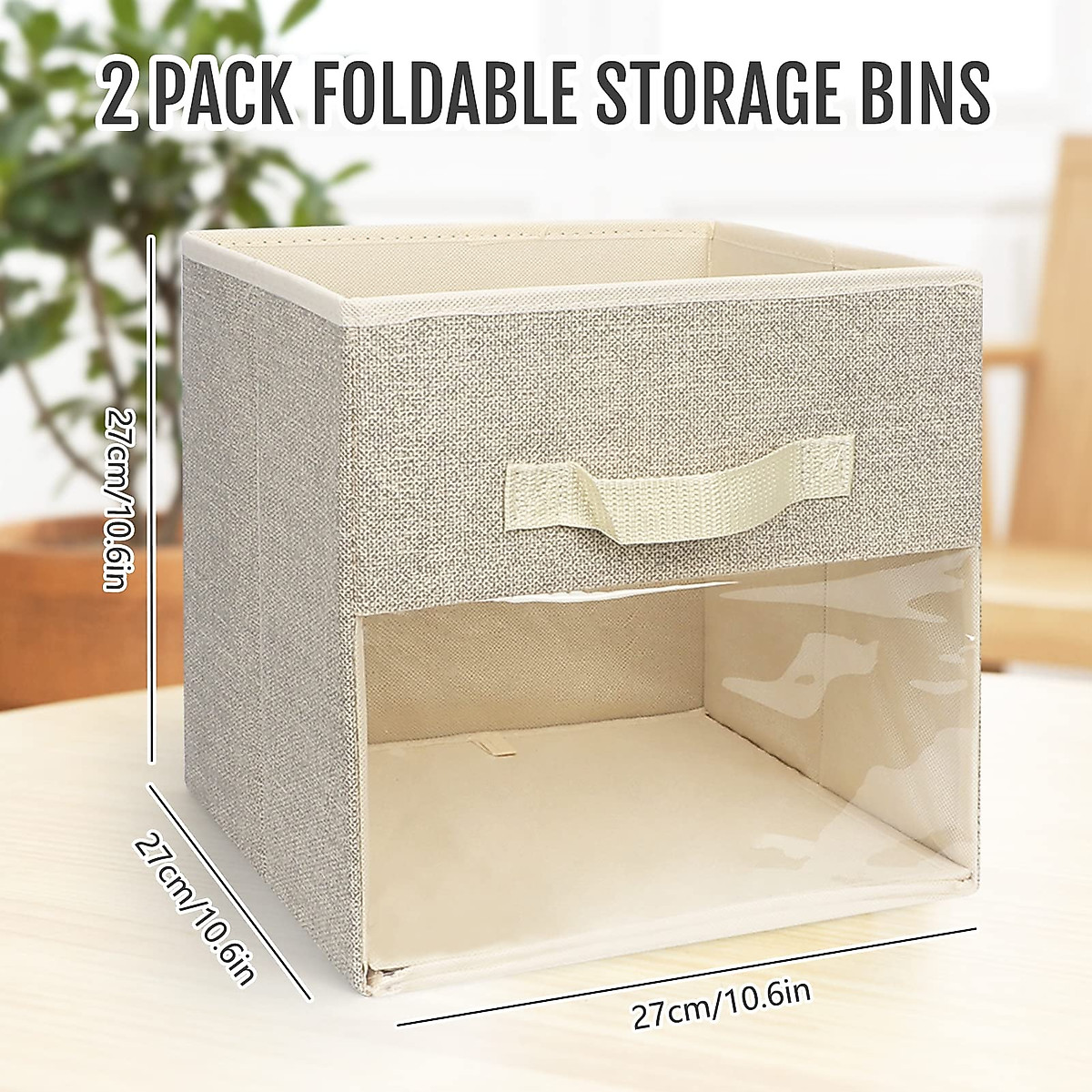 BiSiViO 11 Inch Fabric Cube Organizer, Foldable Cube Storage Bins Basket, Closet Organizers Box, Home Organizers with Window and Handle for Shelves, Closet, Kallax, Office, 2 Packs (Beige)