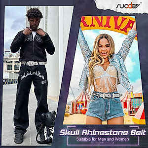 SUOSDEY Skull Rhinestone Belt for Men Women Sparkly Bling Diamond Sequin Studded Belt Western Cowgirl Cowboy Belt, Silver