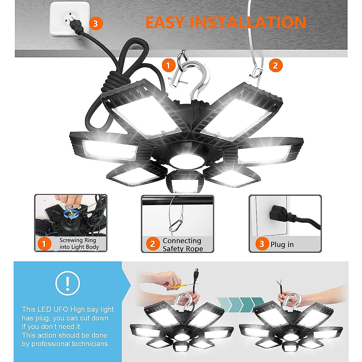 CODAFUL High Bay Light Led UFO Lights350W 49000LM (Eqv. to 1500W HPS/MH) with US Plug 5ft Cable 85-277V, IP65 Warehouse Residential, Barn, Factory, Workshop Shop Lighting (Black, 120W)