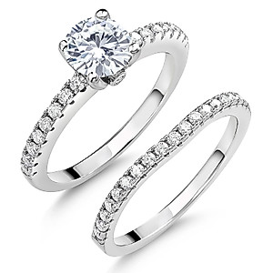 Gem Stone King 925 Sterling Silver Customized and Personalized Round Gemstone Birthstone and White Moissanite Wedding Engagement Ring Band Bridal Set For Women (Size 7)