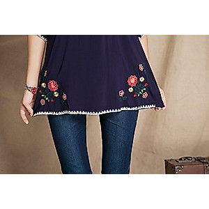 Ashir Aley Bell Sleeve Womens Girls Embroidered Cotton Peasant Tops Mexican Bohemian Shirts Blouses (L,Navy Blue)