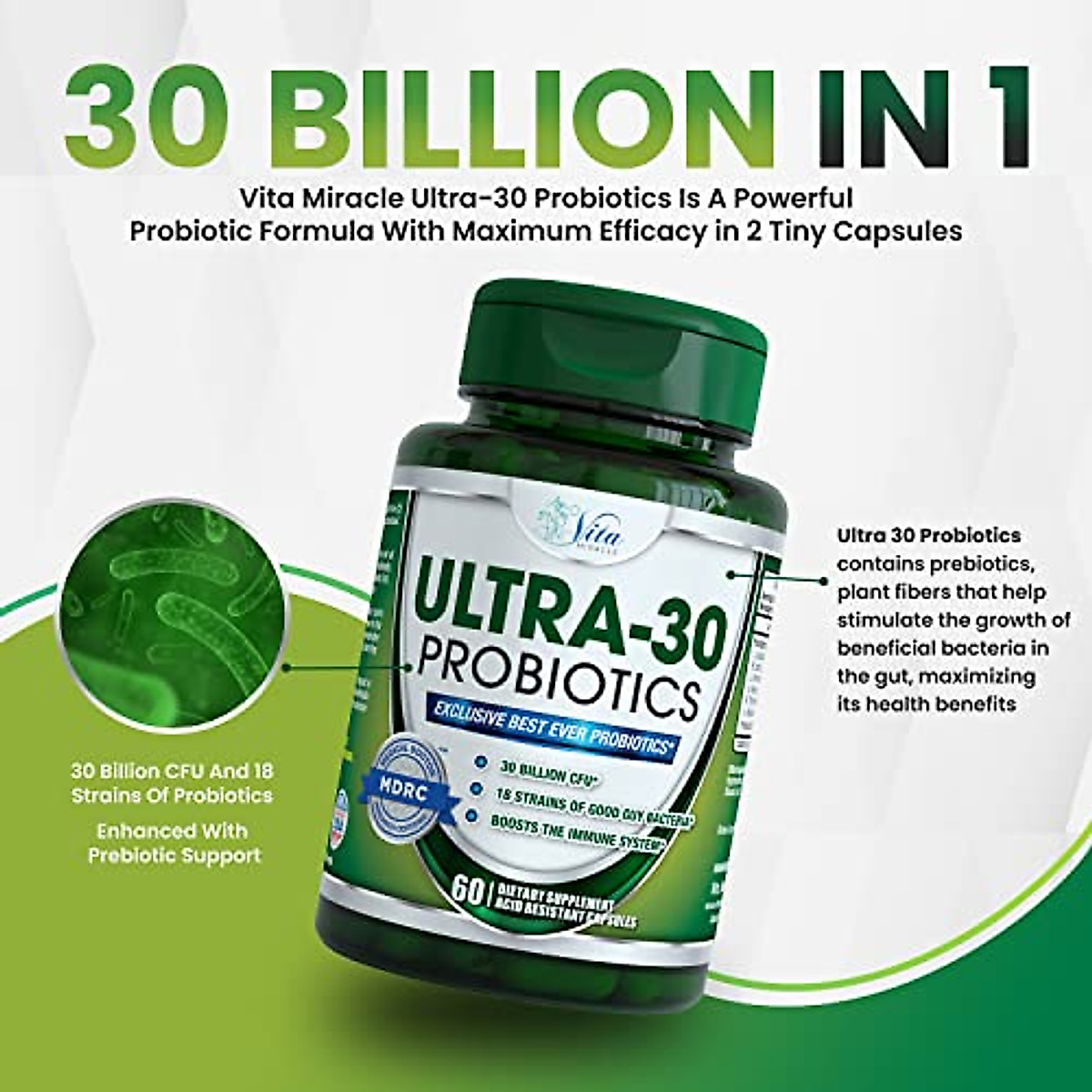 Probiotic 30 Billion CFU 18 Strains for Digestive & Gut Health - Men & Women Prebiotic & Probiotics Supplement Support for Bloating Constipation Diarrhea Gas - Includes Lactobacillus Gasseri