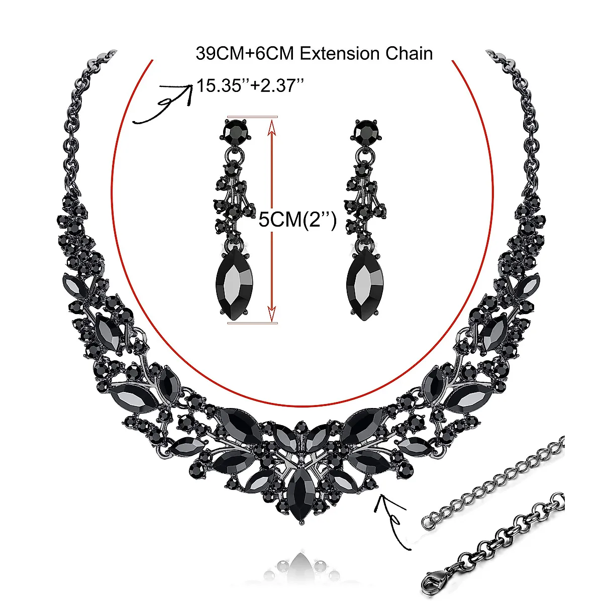 FIASASO Black Bridal Jewelry Set for Women Rhinestone Wedding Necklace Bracelet Dangle Earrings for Bride Bridesmaid Prom Jewelry Accessories