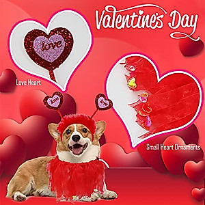 GOYOSWA Dog Valentines Outfit, Dog Valentine's Day Clothes Red Love Hearts Dog Headband Dog Collar with Red Ribbons Holiday Costumes for Small Medium Large Dogs