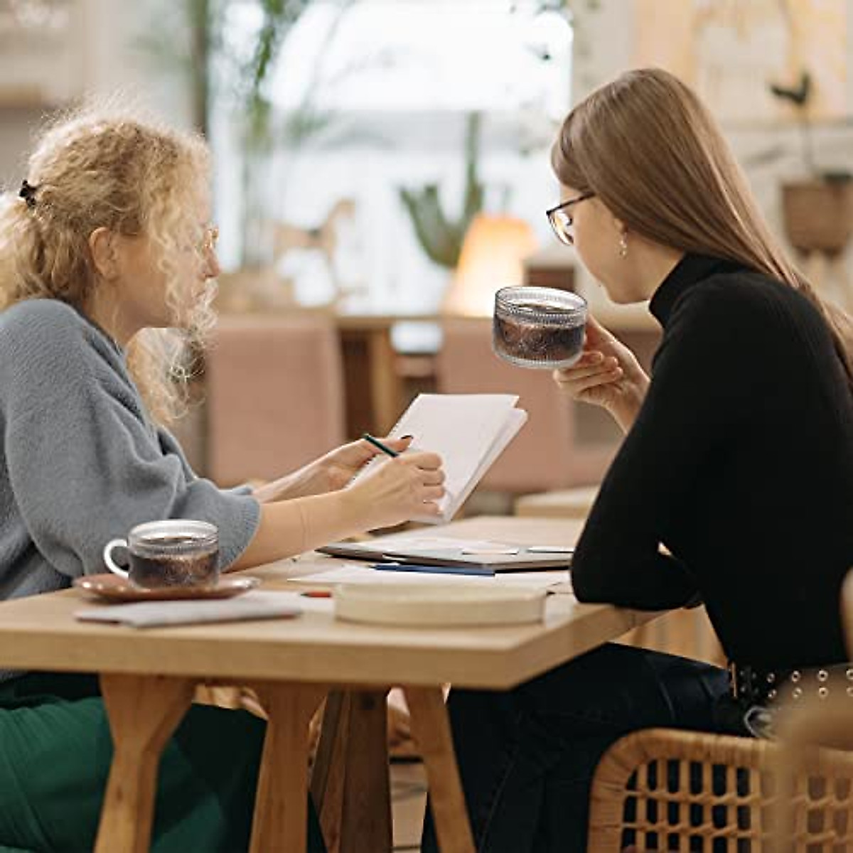 megarte Vintage Glass Coffee Mugs - 14 Oz Embossed Glass Mugs with Bamboo Lids and Golden Spoons Set Of 4 - Coffee Cups for Cappuccino, Latte, Cereal, Yogurt, Tea Christmas Thanksgiving Gifts