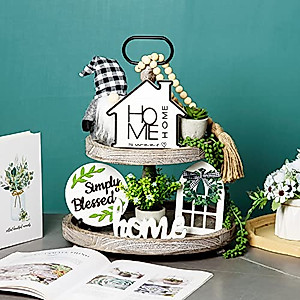 11 Pcs Farmhouse Tiered Tray Decor Set with Artificial Succulents Plants, Home Sweet Home Wooden Sign, Wooden Bead Garland Black White Buffalo Plaid Gnome (Tiered Tray Not Included)