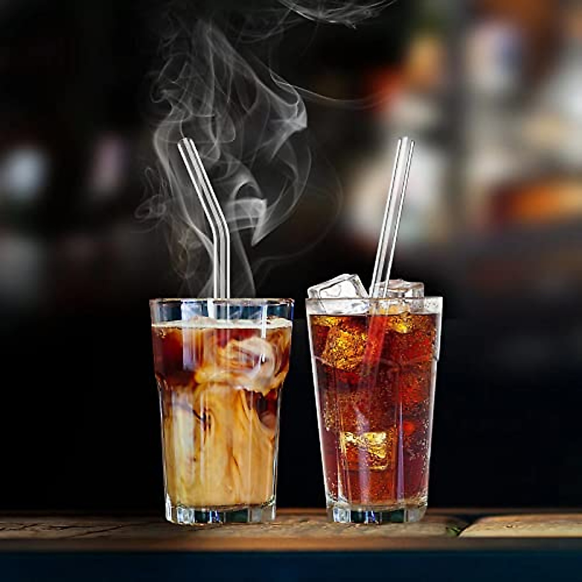 Elyum 8 Pack Reusable Glass Straws, 10'' x 10mm Clear Drinking Straws with 2 Cleaning Brushes Portable Glass Straws for Smoothies Tea Juice Wine (4 Straight + 4 Bent)