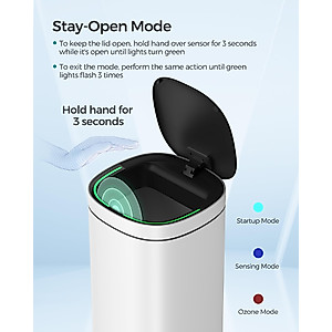 SONGMICS Motion Sensor Trash Can, 13 Gallon Automatic Kitchen Garbage Can, Multi-Colored Indicator Lights, Ozone Odor Control, Stay-Open Lid, Tall, Stainless Steel, White ULTB620W50
