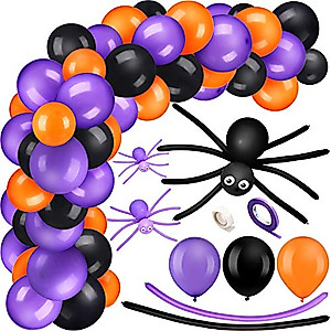 202 Pieces Halloween Balloon Garland Arch kit 13 Inch and 24 Inch Black Orange Purple Latex Balloons, Balloon Tap Strip, Adhesive Dots for Halloween Party Decorations Supplies
