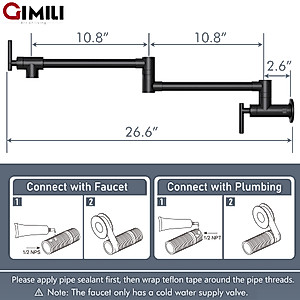GIMILI Pot Filler Faucet Matte Black Commercial Wall Mount Faucet Pot Filler Black Folding Faucet Stretchable Double Joint Swing Arm Pot Filler Copper Rotatable Wall Faucet
