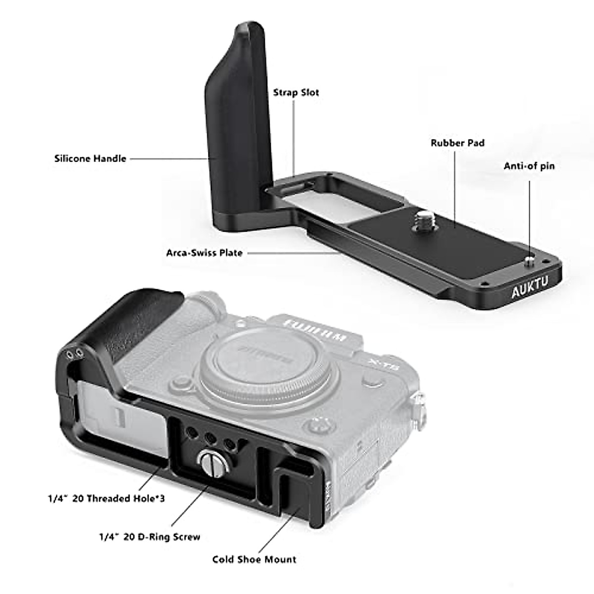 AUKTU X-T5 L-Shape Handgrip Grip for FUJIFILM XT5 Camera, Silicone Side Handle, Built-in Arca Swiss Plate, Extra 1/4"-20 Thread Hole(Black)