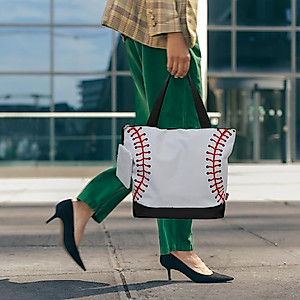 NGIL Medium Top Zipper Closure Canvas Tote Bag with Attached Matching Coin Purse For Moms and Nurses (Baseball White-black)